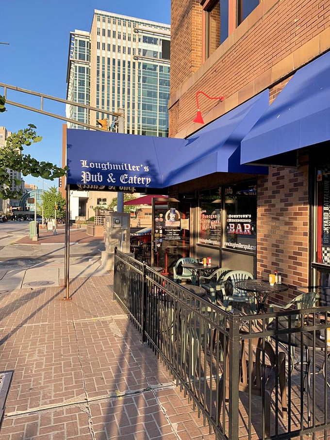 Loughmiller's bold blue awning stands out in downtown Indy. That outdoor seating is perfect for people-watching while devouring tenderloins.