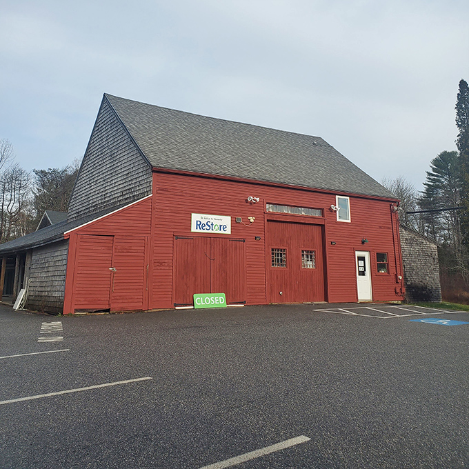 Even when closed, this rustic red ReStore hints at the treasures waiting inside – like a Maine lobster trap for bargain hunters.
