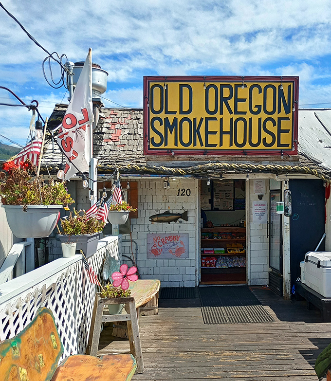 The Old Oregon Smokehouse sign doesn't need fancy fonts or gimmicks &ndash; just the promise of smoked seafood perfection.