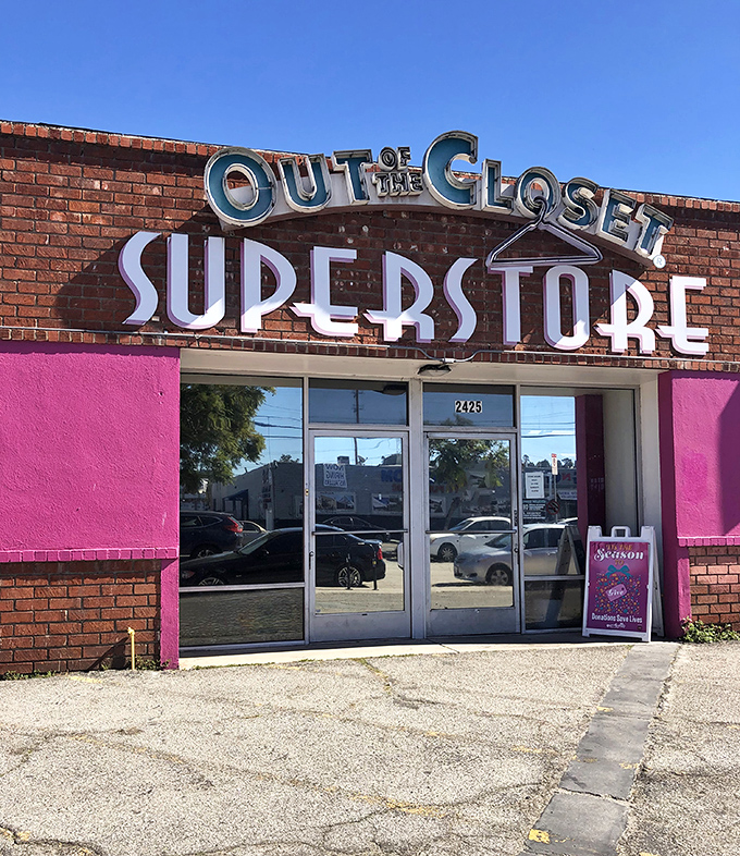 The pink storefront promises personality before you even step inside. Out of the Closet delivers furniture with character at prices that won't drain your character.