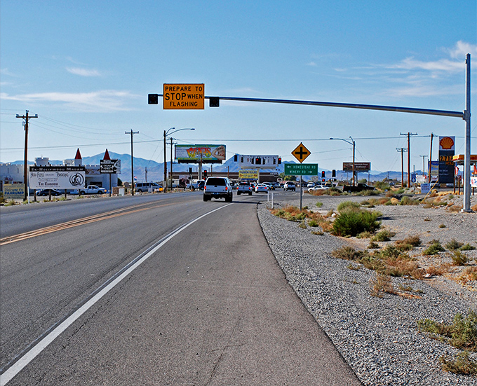 Pahrump's main drag has that perfect blend of desert charm and practical amenities. The mountain backdrop is just showing off at this point.