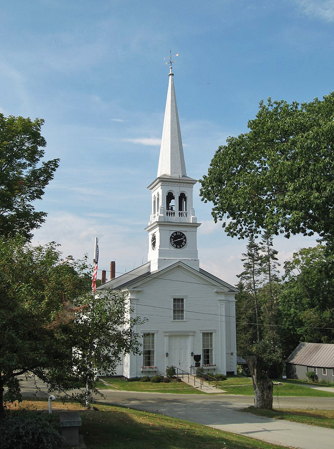 This classic white church steeple in Peacham stands like a friendly exclamation point at the end of a perfect Vermont sentence.