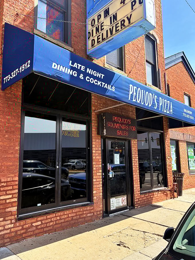 Late night dining and cocktails at Pequod's - where pizza dreams come true after dark. That blue awning marks the spot.