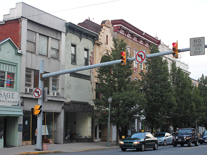 The colorful buildings of Pottsville's downtown create a walkable rainbow against the backdrop of Pennsylvania's rolling hills.