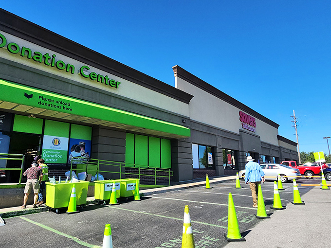 The bright green donation center welcomes your castoffs before you head inside to find someone else's treasures. Circle of thrift life!