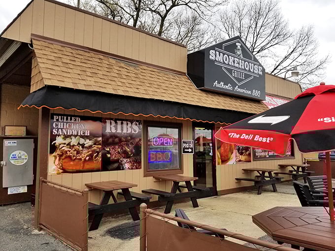 The window advertisements at Smokehouse Grille aren't subtle, but neither is the flavor explosion waiting inside this unassuming shack.