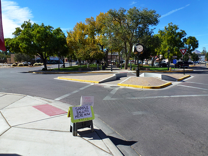 The town square in Socorro features shady trees and community gathering spaces, highlighting the quality of life in this affordable community.