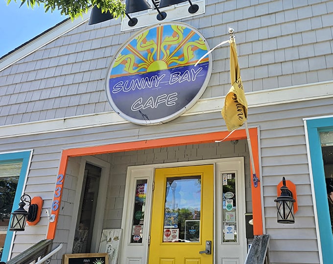 Beach town charm meets diner comfort at Sunny Bay, where coastal colors promise food that's anything but beige.