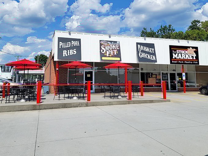 Red umbrellas and clean lines make The Smoke Pit look almost too modern for barbecue&mdash;until that first bite reminds you great smoke knows no era.