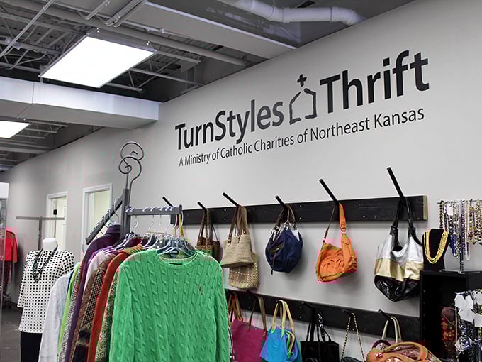 Handbags hang like trophies on TurnStyles' wall display. One person's castoff is another's treasure!