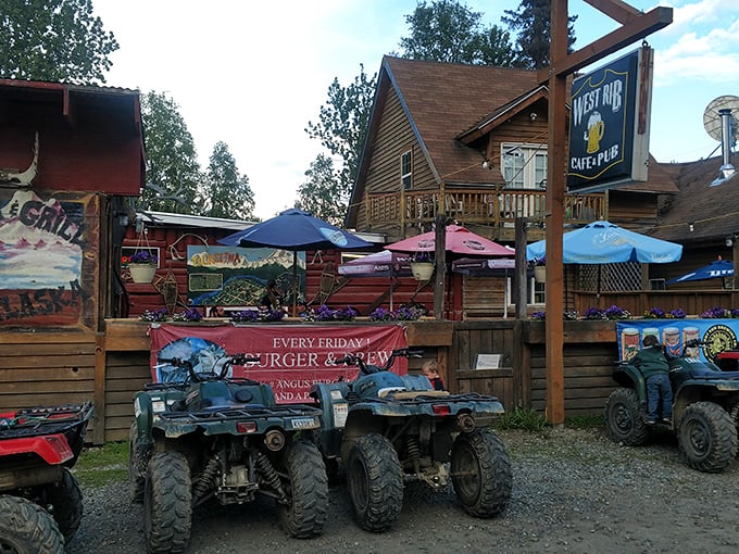 ATVs parked outside signal this is where real Alaskans gather for good food and even better stories.