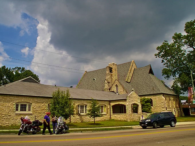 Yellow Springs' beautiful stone architecture creates a perfect backdrop for motorcycle enthusiasts exploring this charming Ohio town's historic streets.