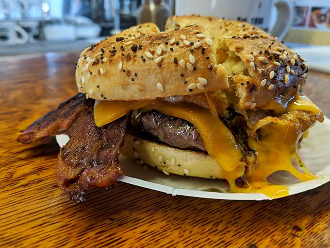 The bagel sandwich that launched a thousand cravings &ndash; melted cheese, crispy bacon, and a perfectly cooked patty on a toasted everything bagel.