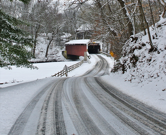 Winter's first snow turns the approach to Mercer's Mill into the kind of scene that makes holiday greeting card photographers weep with joy.