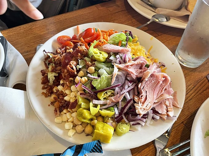 The California Chop Salad proves they take lunch as seriously as breakfast, loaded with fresh ingredients and vibrant colors.