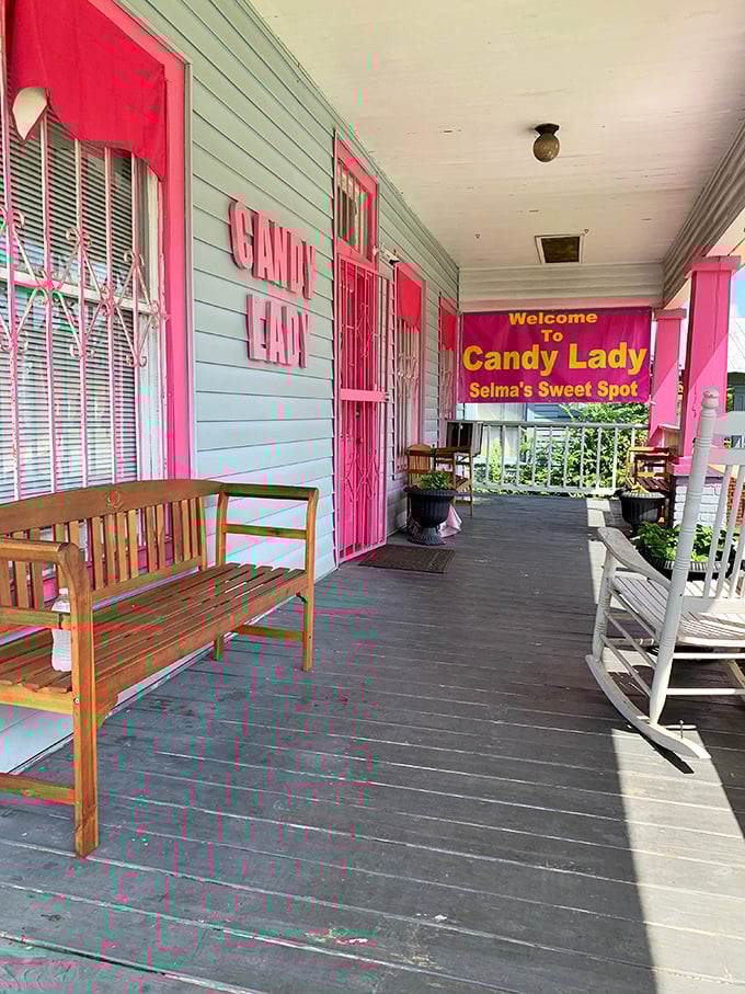 The Candy Lady's porch practically sings "Southern hospitality" with its rocking chairs and vibrant pink trim&mdash;a sweet spot in every sense of the word.