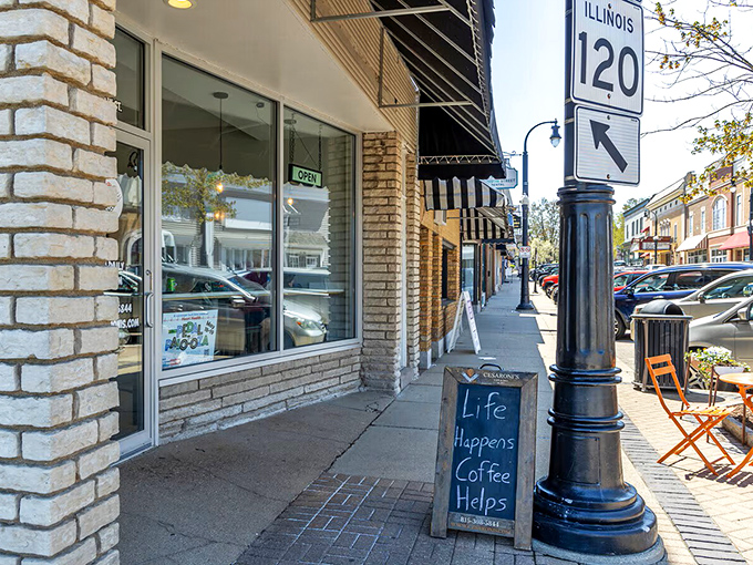 Life happens, coffee helps&mdash;truer words were never chalked. This sidewalk invitation is the literary equivalent of a warm hug on a cool Illinois morning.