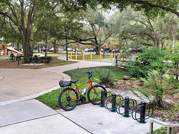 Bike racks await riders along the shaded pathways of Winter Garden's parks, where Florida's natural beauty provides the perfect backdrop for outdoor adventures.