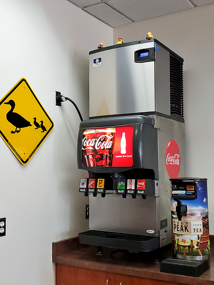 Even the drink station looks inviting, complete with rubber duckies keeping watch over your beverage selection like tiny lifeguards.