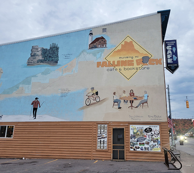 Falling Rock Cafe's mural tells the story of Munising in vibrant colors, promising good books and better coffee inside.