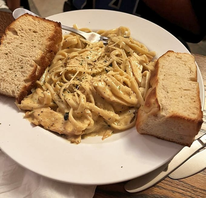 Fettuccine Alfredo so creamy it should come with a warning label: "May induce spontaneous happiness."