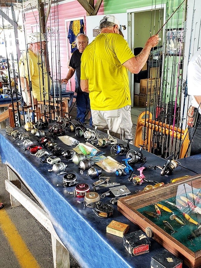 Fishing tales get bigger at this rod-filled booth, where anglers browse for the perfect tool to catch "the one that won't get away."