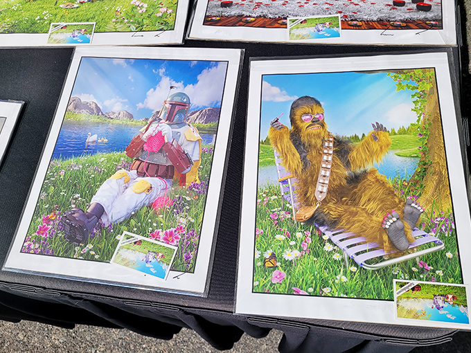 Star Wars meets meadow picnic in these whimsical prints where Boba Fett and Chewbacca enjoy the simple life.