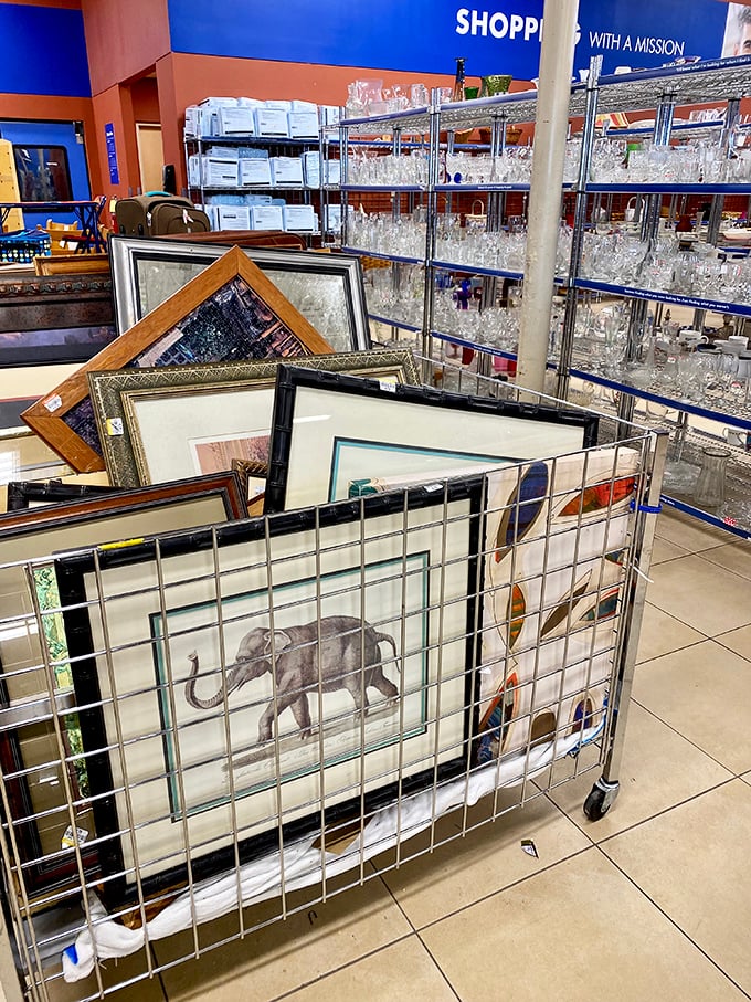 Wall art galore, including that elephant painting that somehow matches your living room perfectly despite being someone else's castoff.