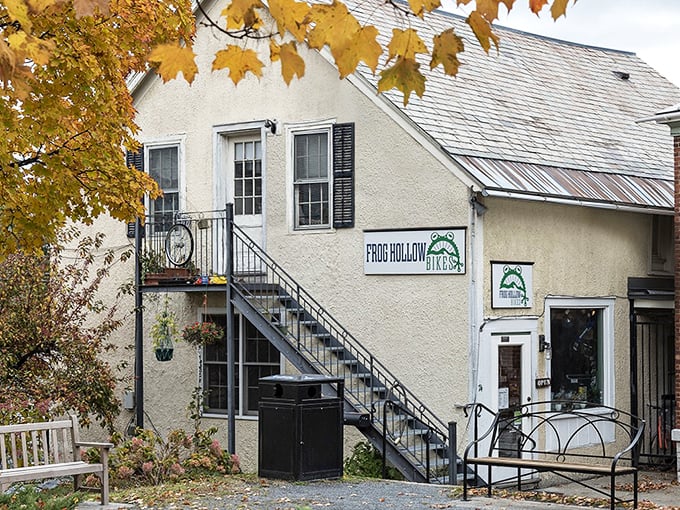 Frog Hollow Bikes sits ready for adventure beneath autumn's golden canopy, offering two-wheeled tickets to Vermont's spectacular countryside.