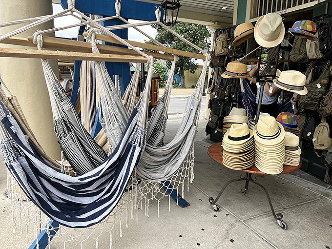 Nautical-striped hammocks sway invitingly next to Panama hats, offering both shade and relaxation&mdash;the perfect Louisiana porch accessories.