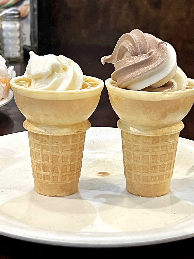 Soft-serve ice cream cones standing at attention&mdash;vanilla and chocolate swirl in waffle uniforms, awaiting your command to disappear.