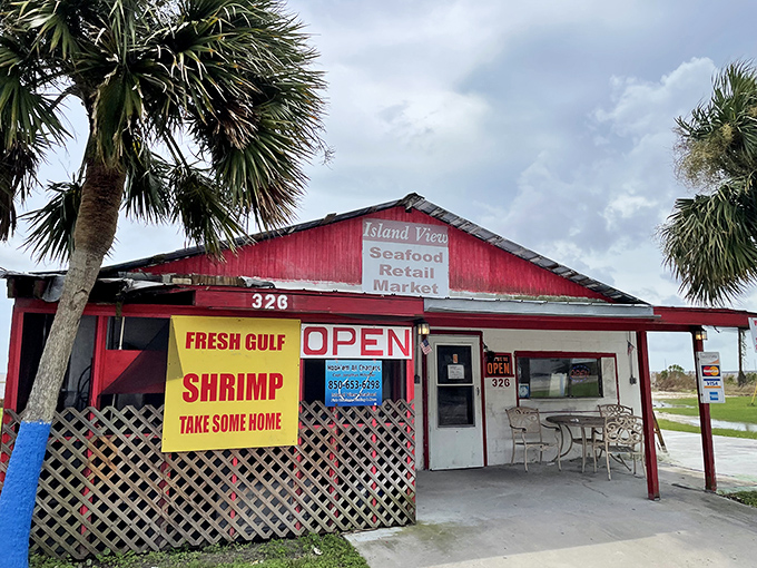 Island View Seafood Market's "FRESH GULF SHRIMP" sign might be the most honest advertising in America. Truth in seafood is their specialty.