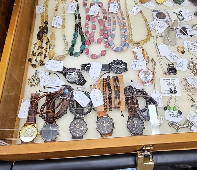 Treasure hunters rejoice! This display case of watches and beaded jewelry offers affordable sparkle for every style and occasion.