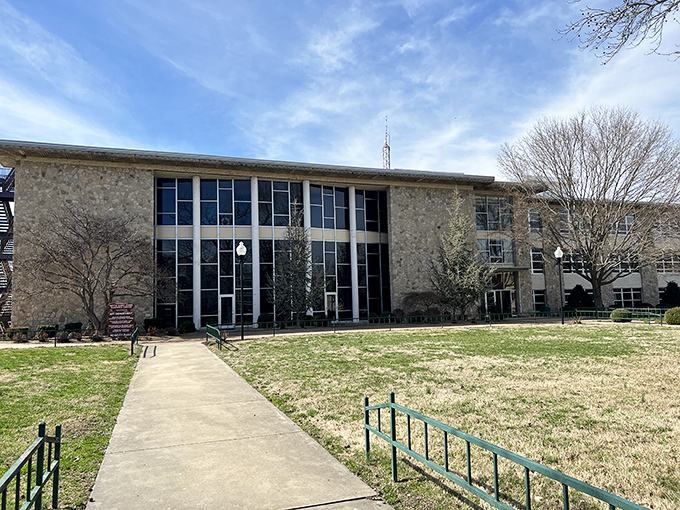 Not all of Hollister embraces the Tudor style—this mid-century stone building offers a different architectural chapter in the town's eclectic story.
