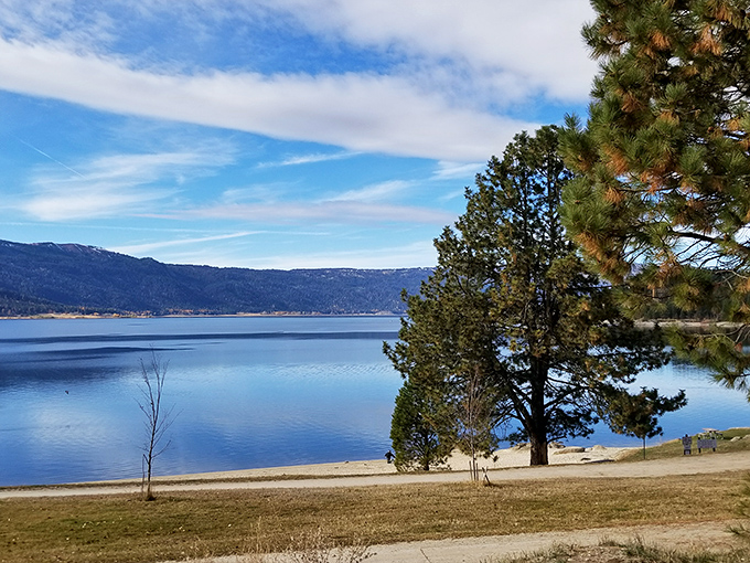 Lake Cascade spreads its blue canvas against mountain backdrops, offering a masterpiece view that changes with each passing cloud.