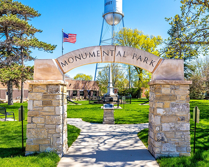 Monumental Park's stone entrance invites quiet reflection in a setting that honors community heritage beautifully.
