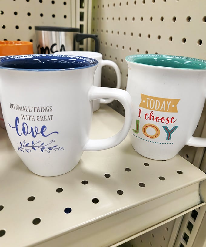 Mugs with messages that make morning coffee philosophical. "Do small things with great love" pairs perfectly with bedhead and yesterday's pajamas.