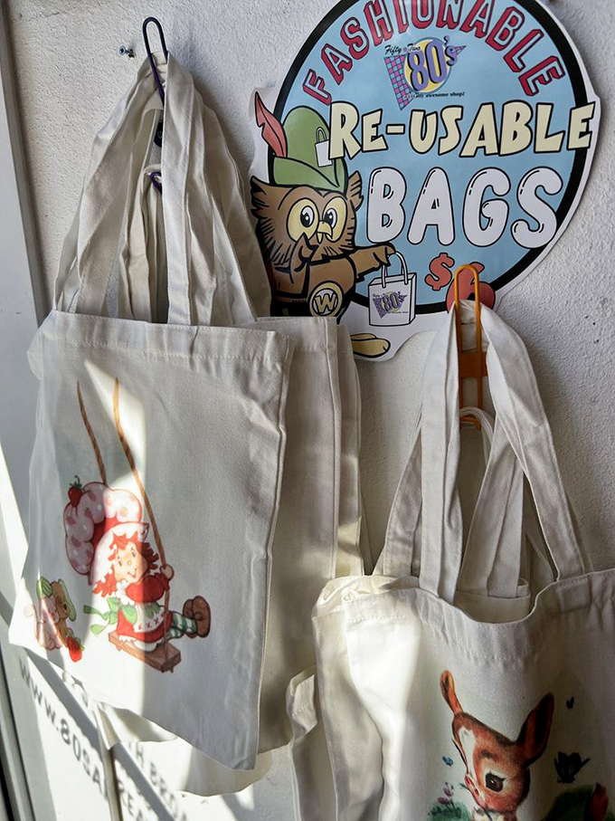 Even the shopping bags get the nostalgic treatment. That owl mascot looks suspiciously like he raided Woodsy Owl's closet.