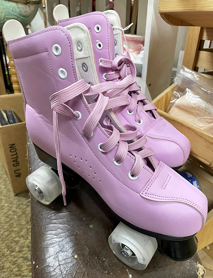 Bubblegum-pink roller skates that practically radiate 1980s nostalgia &ndash; someone's childhood joy waiting for a second spin.