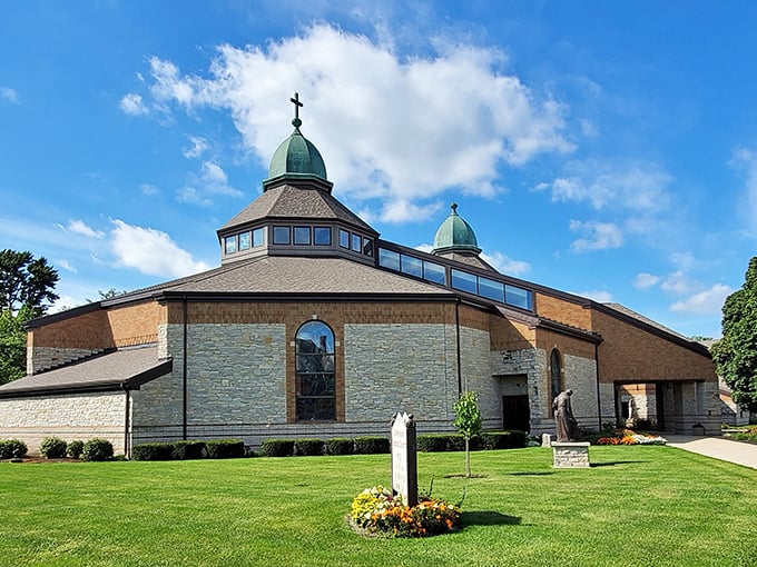 St. Wendelin Catholic Church combines modern architecture with traditional elements, its distinctive copper domes reaching skyward like spiritual beacons over Fostoria.