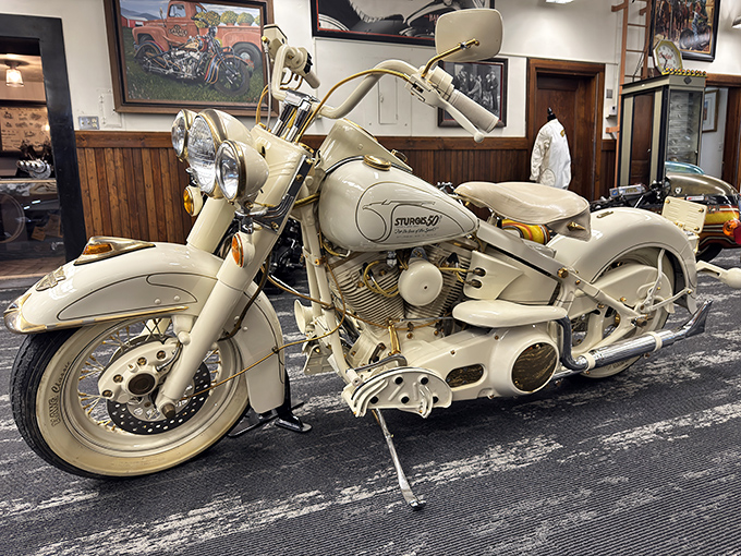 Creamy white perfection in mechanical form, this vintage Sturgis 50 motorcycle represents an era when bikes were dressed better than most of their riders.