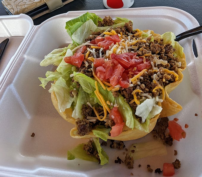 Taco salad: where healthy intentions meet delicious reality. That edible bowl is the superhero cape of lunch presentations.