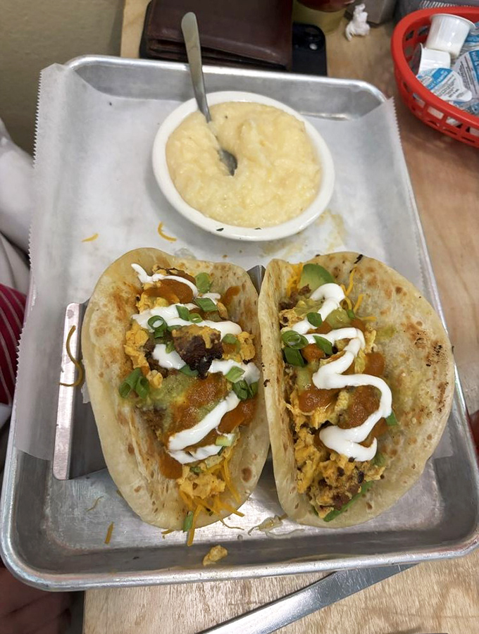 Breakfast tacos that bridge cultures and cure hangovers, served with a side of grits that would make any Southerner proud.