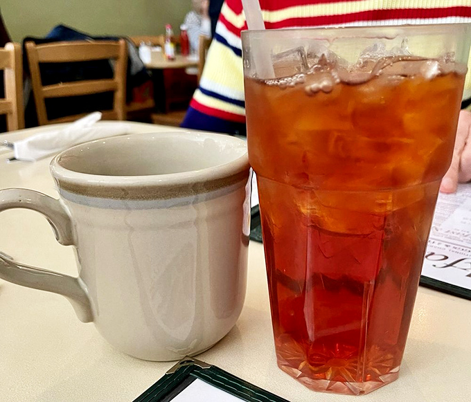 The dynamic duo of diner beverages: sturdy ceramic mug for coffee and a tall glass of iced tea that could quench a Virginia summer thirst.