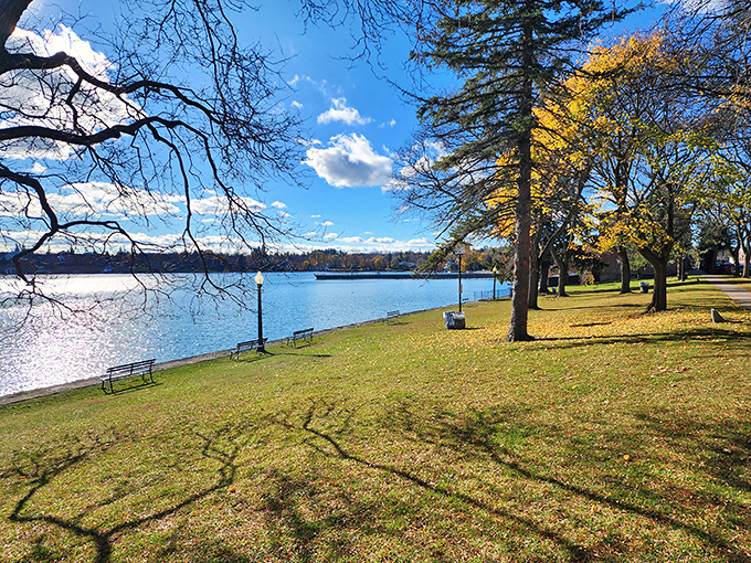 Thayer Park's tranquil shoreline offers the perfect bench-with-a-view for contemplating life's big questions or just watching ducks.