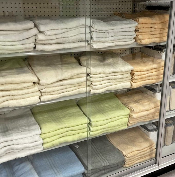 Towel heaven: neatly folded, color-coordinated, and priced so reasonably you might actually replace those fraying bathroom companions you've been ignoring.