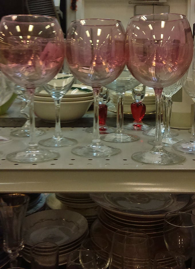 Blush wine glasses lined up like delicate soldiers. Perfect for your next dinner party or when you're feeling too fancy for the plastic cups.