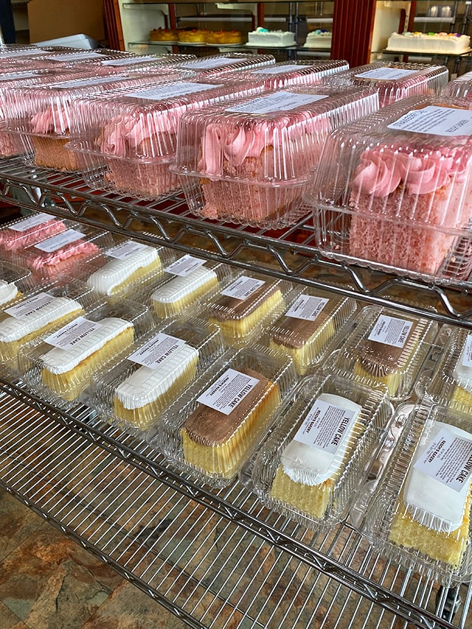 These cake slices wait patiently in their clear containers, like time capsules of celebration ready to be opened at a moment's notice.