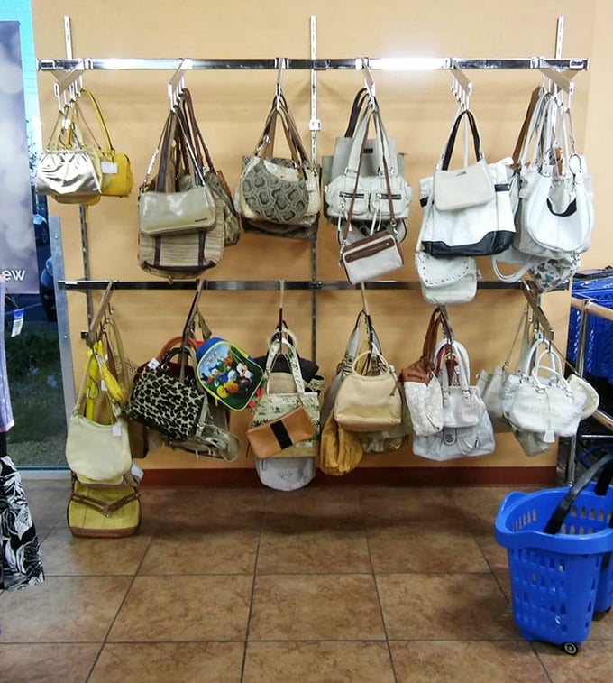 The handbag wall of fame, where designer dreams and practical carryalls hang in democratic harmony, waiting for their next shoulder.