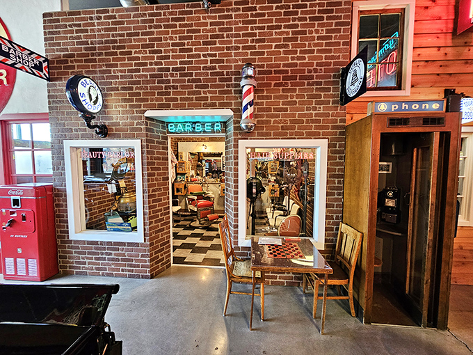 The vintage barber shop display reminds us that looking good behind the wheel was once as important as the car itself.